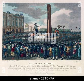 engraving print of the tragic execution guillotine of King Louis XVI ...