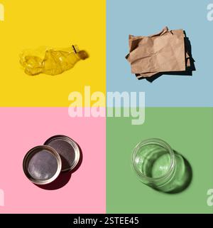 Collage of everyday items on colorful quadrants, showcasing ...