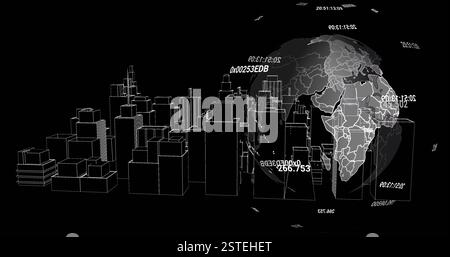 Digital world map and data codes image over wireframe cityscape Stock ...