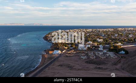 Aerial view of Dahab town from the mountain nearby, South Sinai, Egypt ...