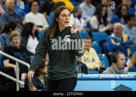 Michigan State head coach Robyn Fralick speaks with an official during ...