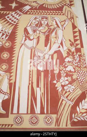 A recent, current giant wall mural on a building. An Uzbek theme of ...