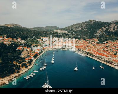 Aerial view photo of picturesque port with sailboats and yachts Stock ...