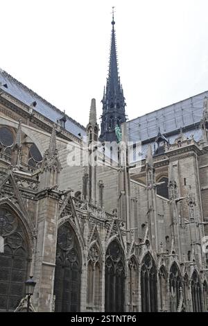 Notre Dame of Paris spire, columns and archs, back view, France Stock ...