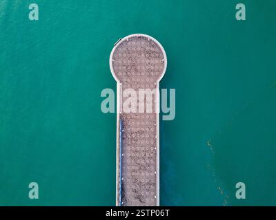 Aerial view of a small pier on a lake at sunset Stock Photo - Alamy