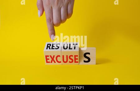 Results Excuses symbol. Businessman Hand turns cubes and changes word ...