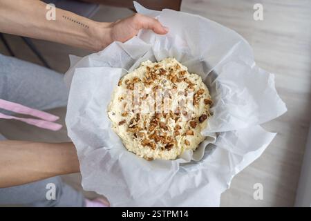Image of walnut on cottage cheese dessert Stock Photo - Alamy