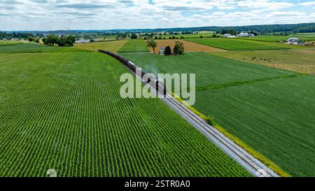 A vintage train moves through lush green fields, surrounded by farmland ...