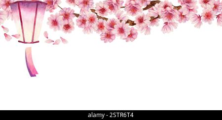 Lantern with branches and sakura flowers isolated on a white background ...