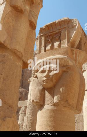 Hathor column with female head at Hathor Chapel in Temple of Hatshepsut ...