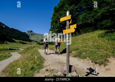 Hikers and indicative sign Stock Photo - Alamy