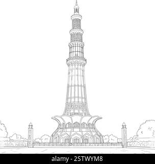 Intricate line art illustration of Minar-e-Pakistan, iconic historical ...