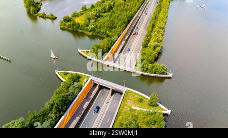An aerial view of the Veluwemeer Aquaduct in the Netherlands, showcases ...