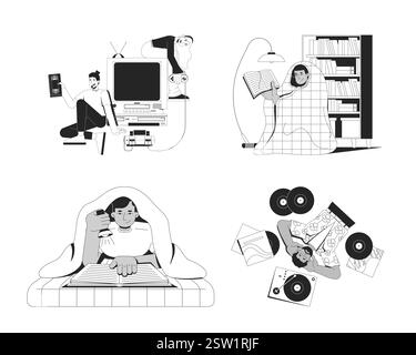 Nostalgic pastimes and retro technology cartoon flat illustrations set ...