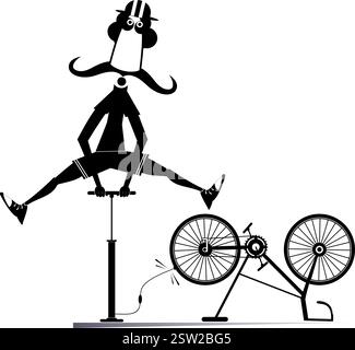 Cyclist and a broken bicycle. Sportsperson repairs the bicycle. The ...