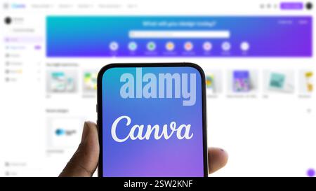 Dhaka, Bangladesh- 17 Aug 2024: Canva logo is displayed on smartphone. Canva is a versatile ...