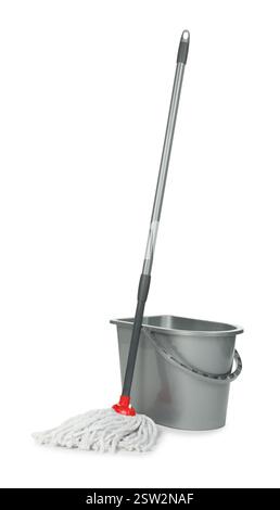 String mop and bucket isolated on white Stock Photo - Alamy