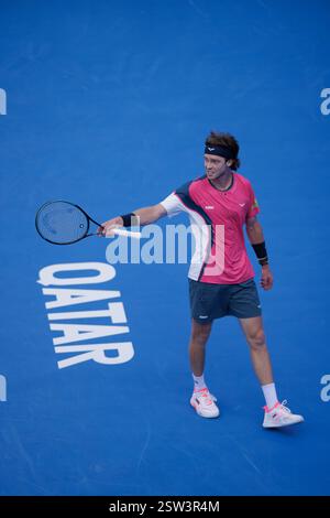 Doha, Qatar, 20/02/2025, Andrey Rublev of Russia during the 2025 Qatar ExxonMobil Open, ATP 500 ...