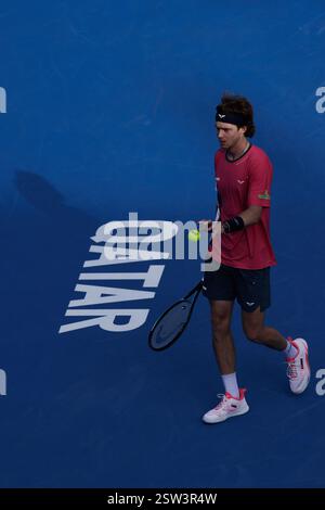 Doha, Qatar, 20/02/2025, Andrey Rublev of Russia during the 2025 Qatar ExxonMobil Open, ATP 500 ...