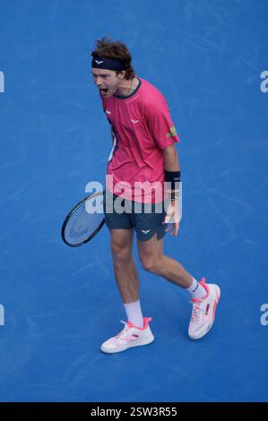 Doha, Qatar, 20/02/2025, Andrey Rublev of Russia during the 2025 Qatar ExxonMobil Open, ATP 500 ...