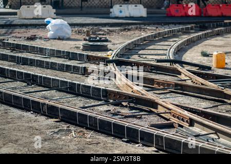Major tram track overhaul on closed city street. Rail junction with ...