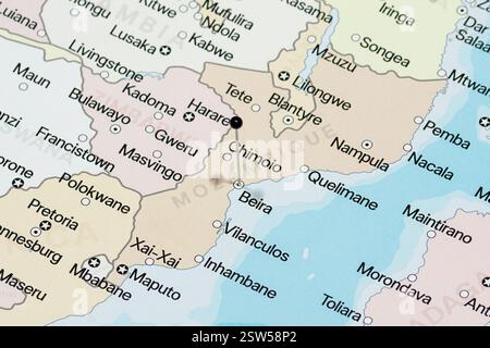 Close up to a Beira city with a black pin needle into Mozambique ...