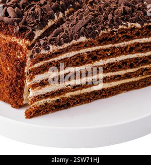 Chocolate layer cake slice on white plate Stock Photo - Alamy