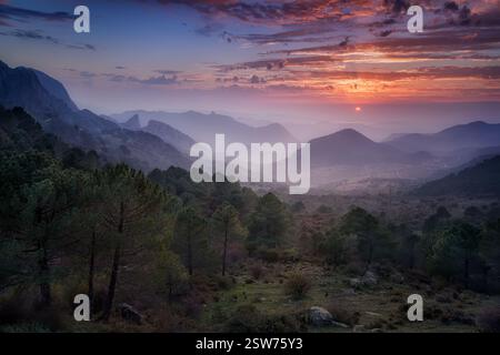 Puerto del Boyar sunset: mountain silhouettes, lush forest, pastel sky ...