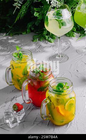 Fresh summer cocktails or mocktails, cold drinks with lavender and ...