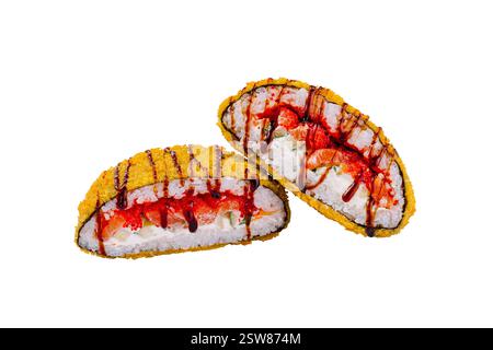 Two sushi rolls covered with panko breadcrumbs lying on white ...