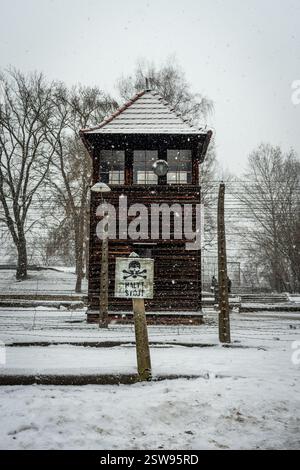 Watchtower in Auschwitz during a snowy winter day in Poland Stock Photo ...