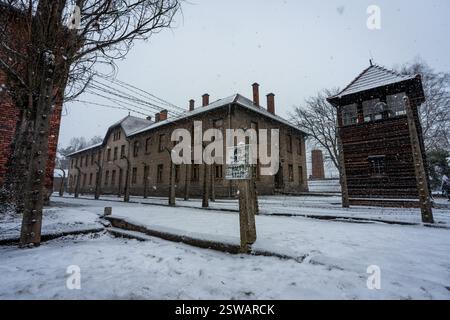 Watchtower in Auschwitz during a snowy winter day in Poland Stock Photo ...
