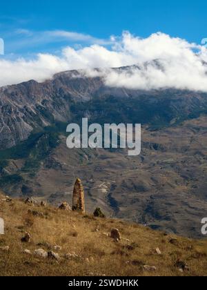 Old stone tomb, a crypt on the top of a mountain. Old Ossetian family ...