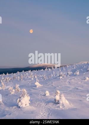 full moon over cold winter landscape in the arctic circle night Stock ...