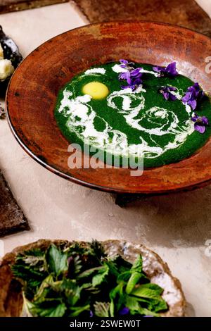 Plate of spring herbal nettle puree soup, served with quail yolk ...