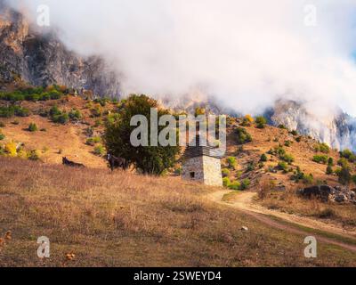 Majestic ancient tower buildings of Kelly in the Assinesky Gorge of ...