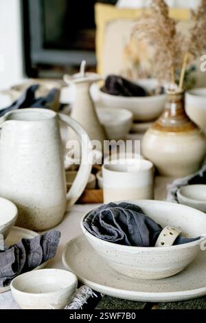 Rustic table setting with ceramic plate on concrete table Stock Photo ...