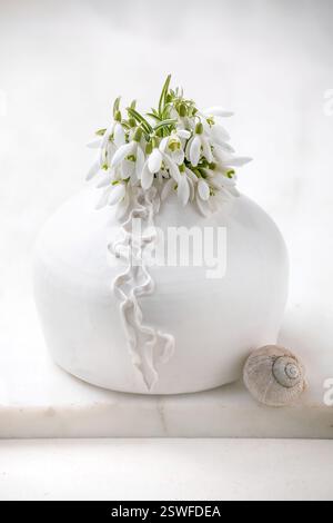 Bouquet of snowdrop flowers in vase with snow, on bright background ...