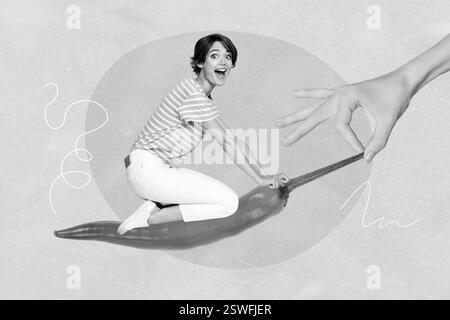 Photo of funny impressed young lady wear red clothes pointing thumb up ...