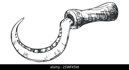 Linear ink drawing of sickle icon. Vector sickle for cutting herb ...