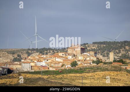 View of Alacon Village and Wind Turbines from Afar in Teruel Stock ...