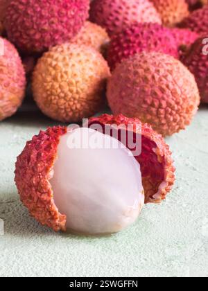 Top view lychee fruit on wooden background Stock Photo - Alamy