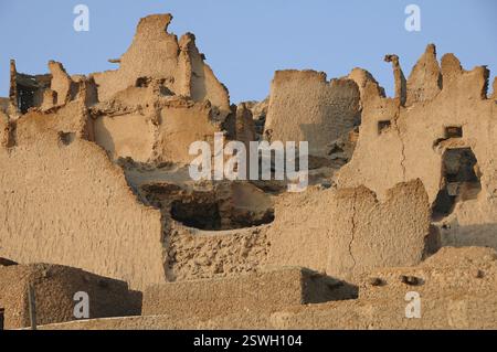 View of mud brick deserted houses at the ancient fortress of Siwa ...