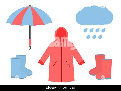Rainy day essentials featuring raincoat, umbrella Stock Vector Image ...