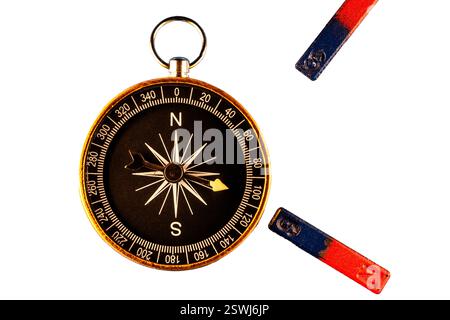 Compass needle influenced by bar magnet Stock Photo - Alamy