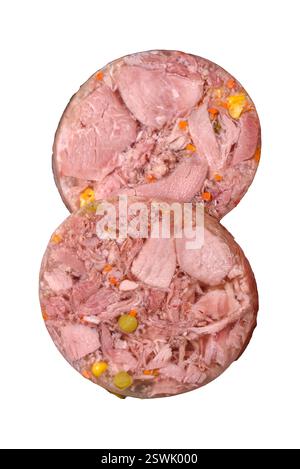 Homemade brawn with salt, spices, herbs and vegetables on a white ...