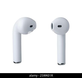 Pair of white wireless earbuds on plain surface. Clean, minimalist ...