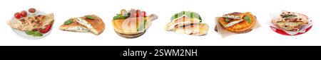 Different delicious calzones isolated on white, set Stock Photo - Alamy