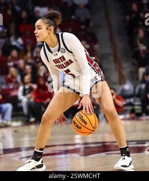 South Carolina guard Tessa Johnson drives past a coach during practice ...