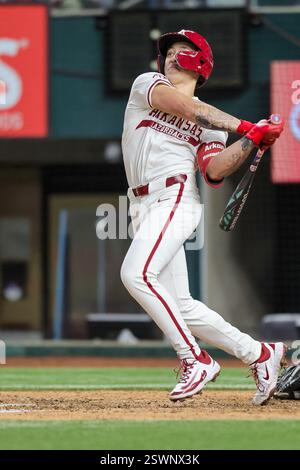 February 25, 2025: Arkansas designated hitter Logan Maxwell (22) looks ...